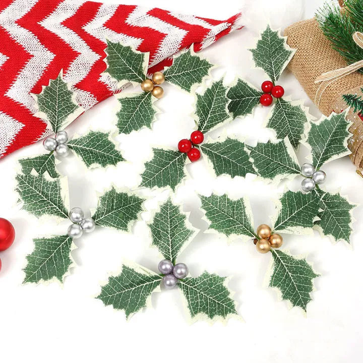20pcs Artificial Holly Berries with Green Leaves – Floral Supplies Store
